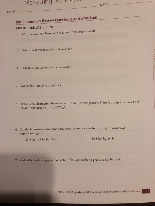 Solved Measurihg leci DATE: NAME: Pre-Laboratory Review | Chegg.com