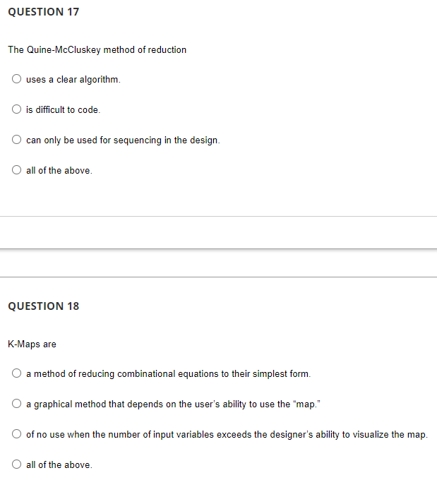 Solved The Quine-McCluskey method of reduction uses a clear | Chegg.com