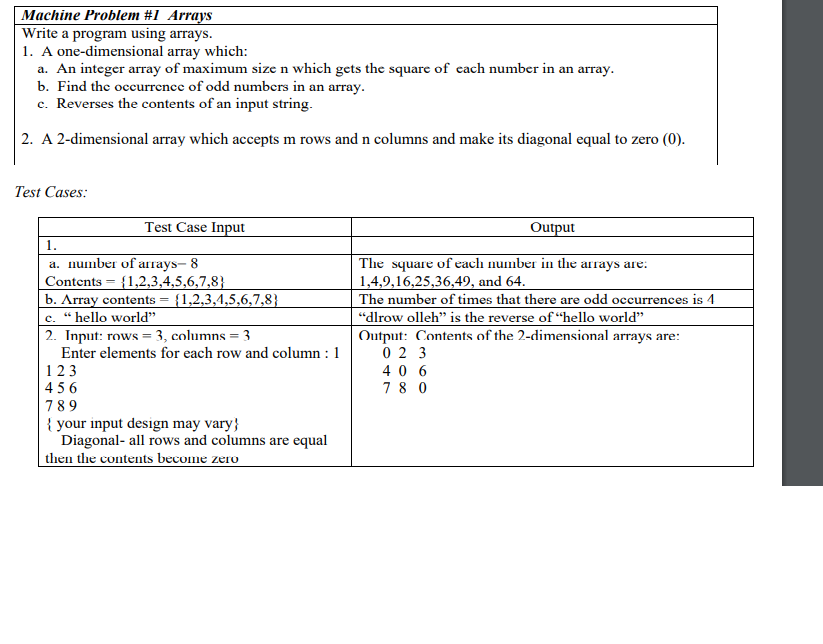 Solved Machine Problem #1 Arrays Write a program using | Chegg.com