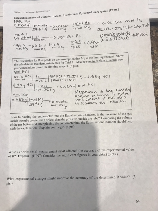 Solved CHEM 1211 Lab Mansal - Revised 05/201 Calculations | Chegg.com