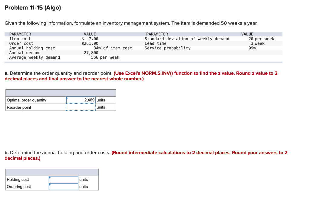 Solved Problem 11-15 (Algo) Given the following information, | Chegg.com