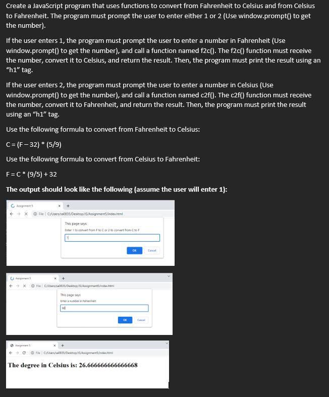 Solved Create a JavaScript program that uses functions to | Chegg.com