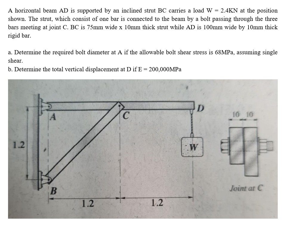 Solved A horizontal beam AD is supported by an inclined | Chegg.com