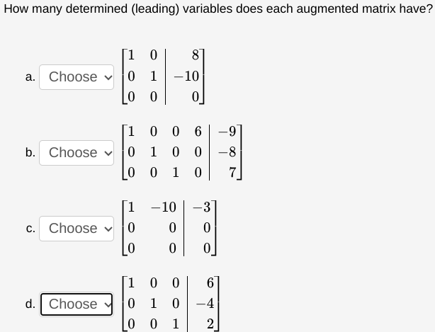 Solved How many determined (leading) variables does each | Chegg.com