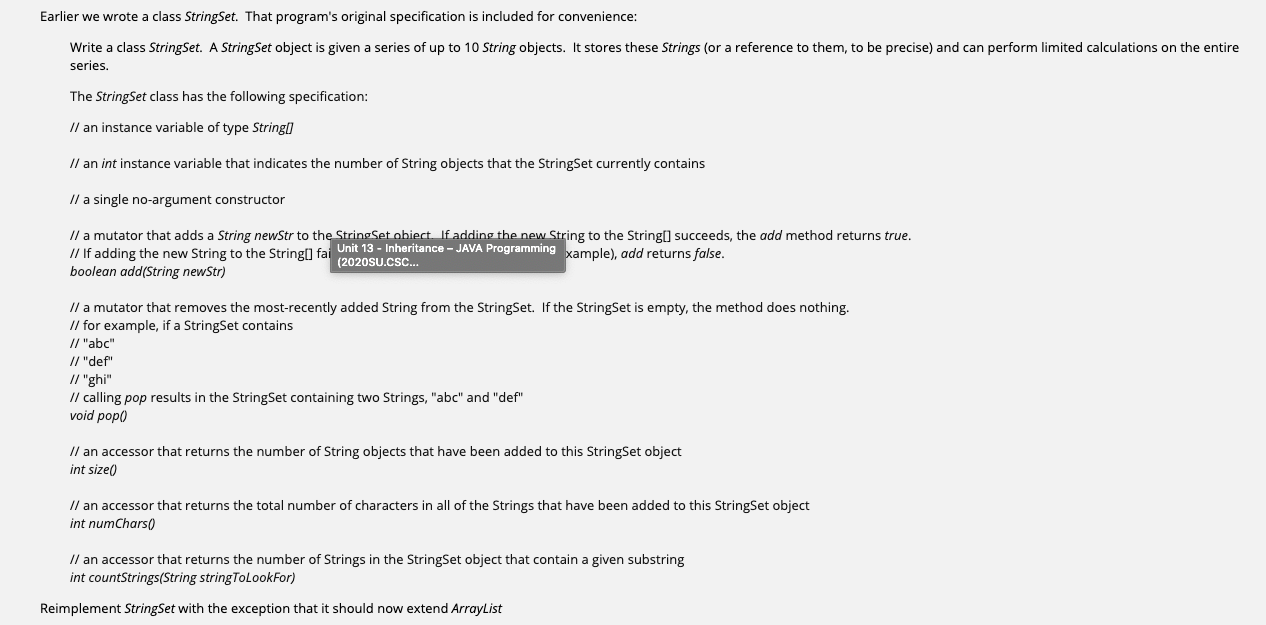 Solved Earlier we wrote a class StringSet. That program's | Chegg.com