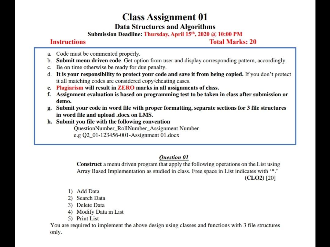 Solved Class Assignment 01 Data Structures and Algorithms | Chegg.com