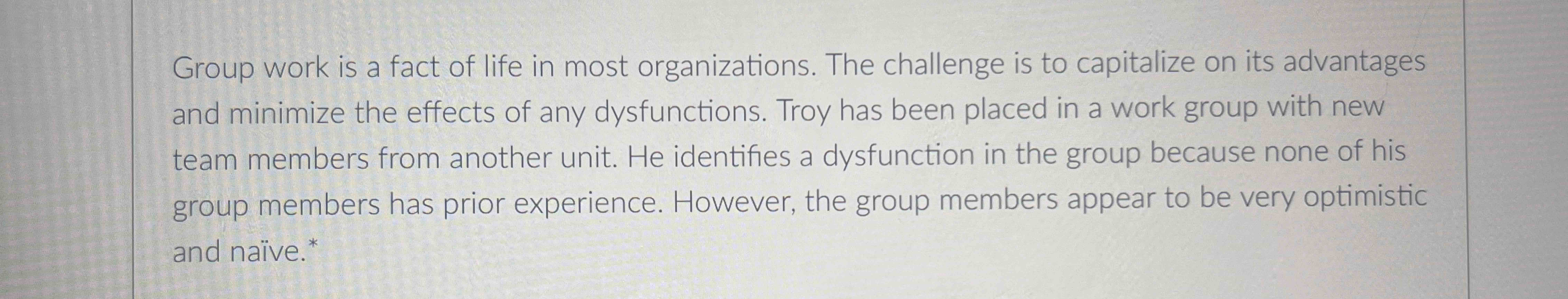 Solved Group work is a fact of life in most organizations. | Chegg.com