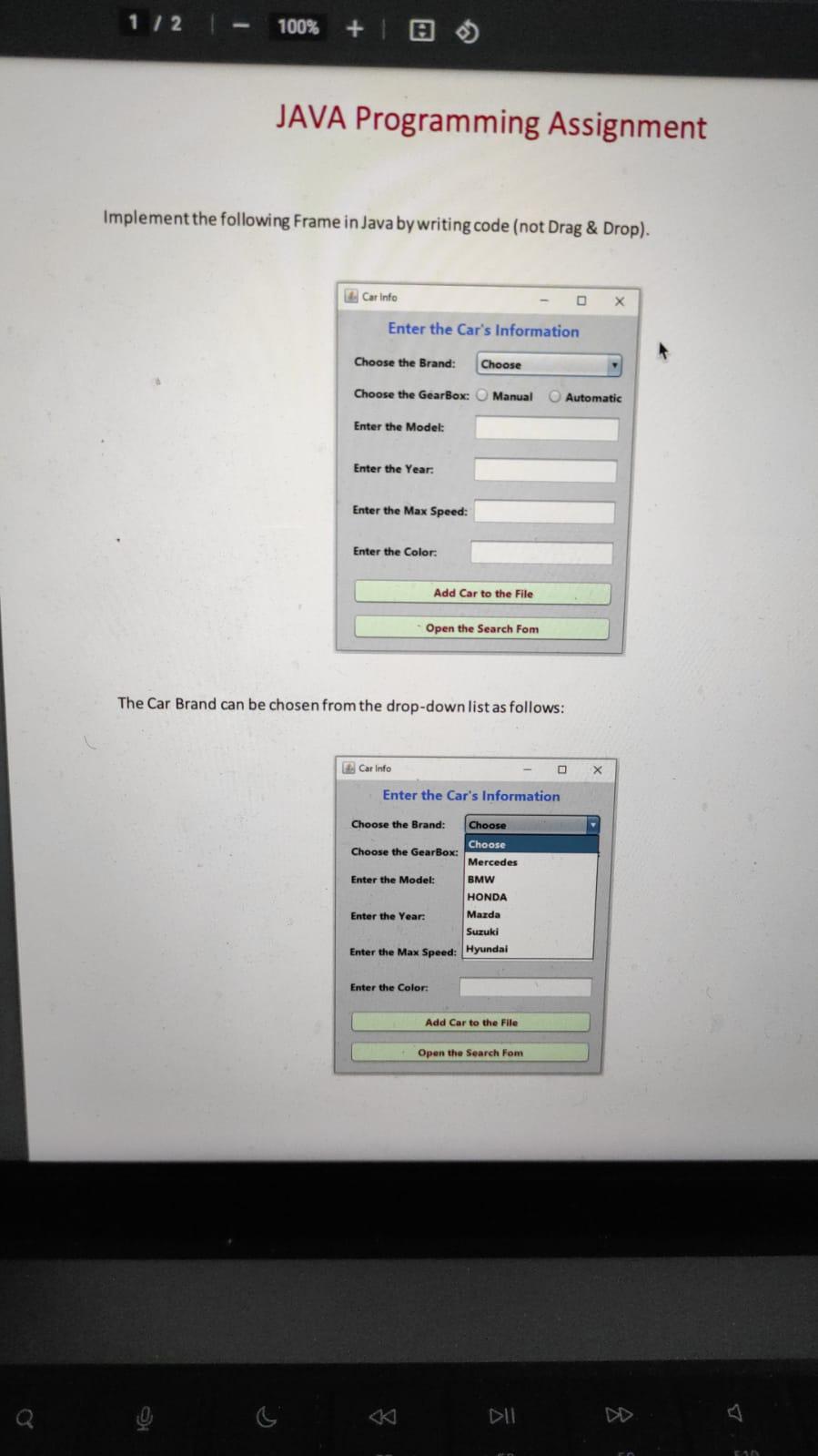 Solved Implement the following Frame in Java by writing code | Chegg.com