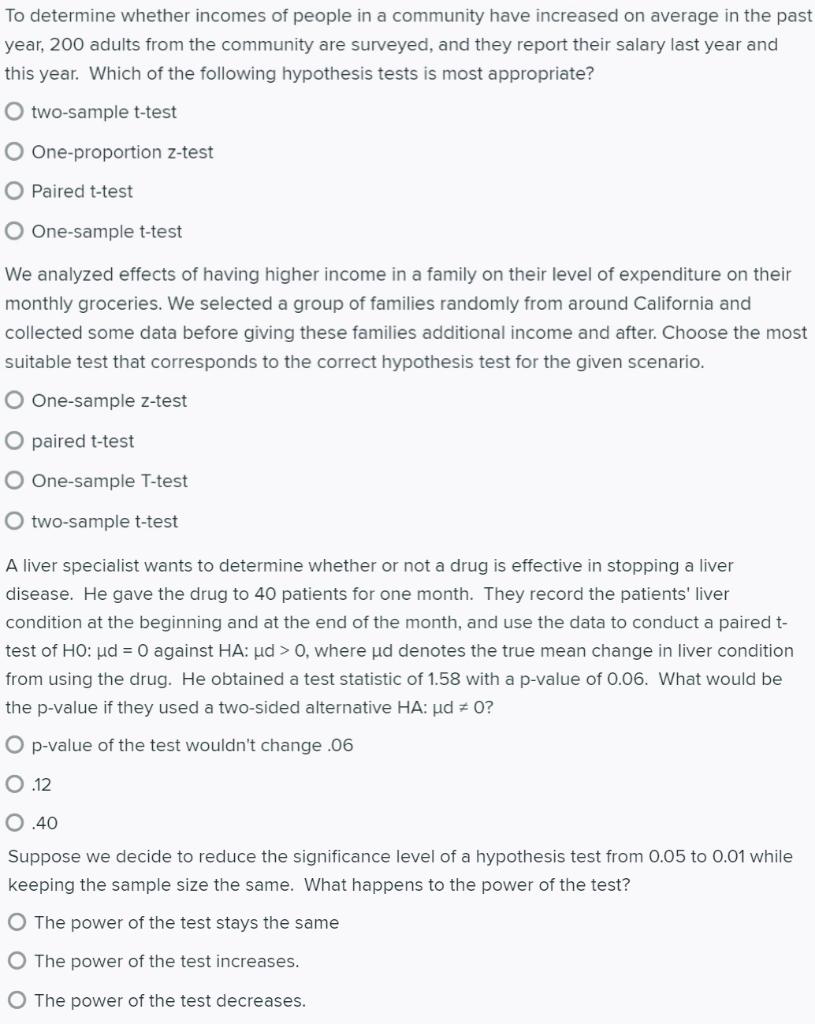Solved To determine whether incomes of people in a community | Chegg.com