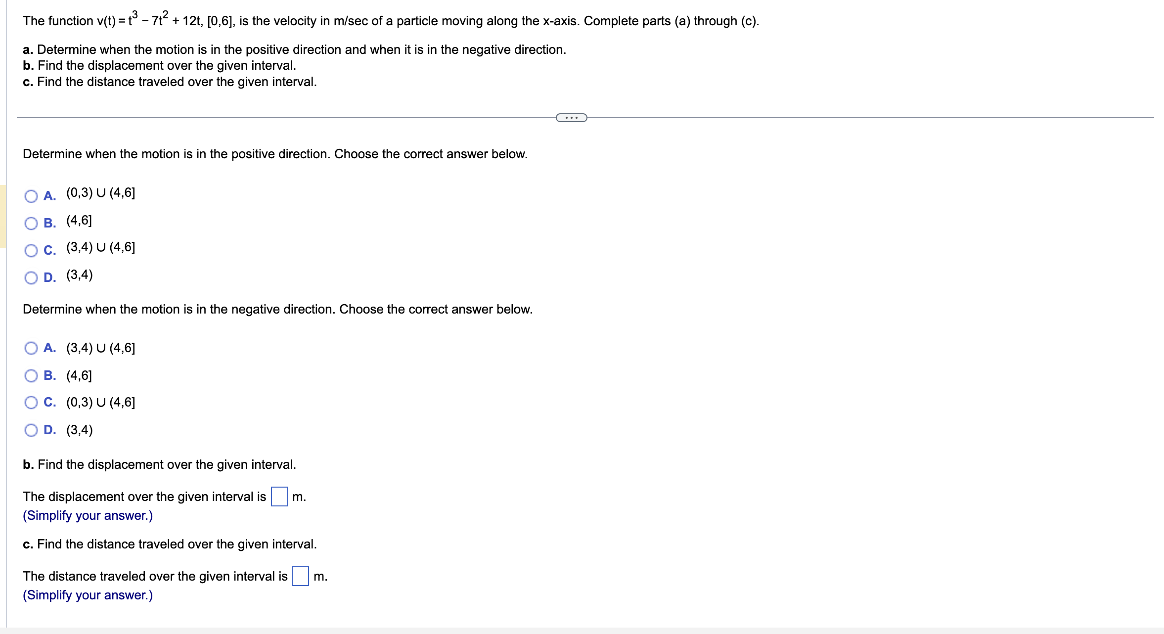Solved The function v(t)=t3−7t2+12t,[0,6], is the velocity | Chegg.com