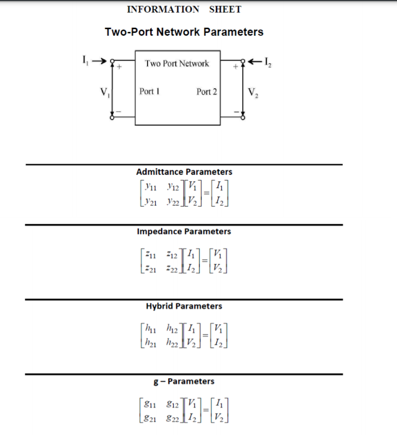 INFORMATION SHEET Two-Port Network Parameters Two | Chegg.com