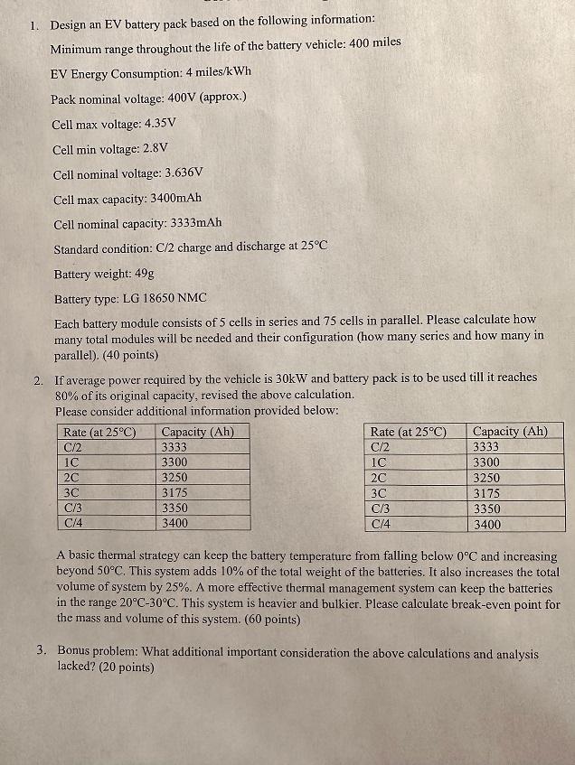 Solved 1. Design an EV battery pack based on the following | Chegg.com