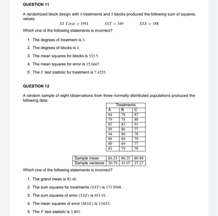 Solved QUESTION 11 A randomized block design with 4 | Chegg.com