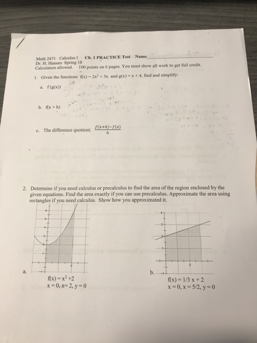 Solved Name Math 2471 Calculus I Ch. 1 PRACTICE Test Dr. H. | Chegg.com