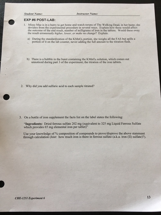 Solved Instructor Nane: Student Name: EXP #6 POST-LAB: 1. | Chegg.com