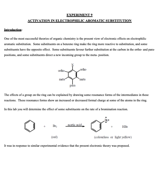 Solved EXPERIMENT 9 ACTIVATION IN ELECTROPHILIC AROMATIC | Chegg.com
