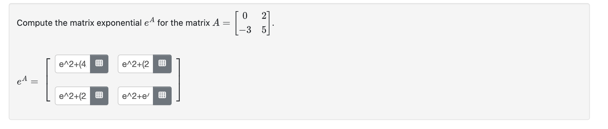 Solved Compute the matrix exponential eA for the matrix | Chegg.com