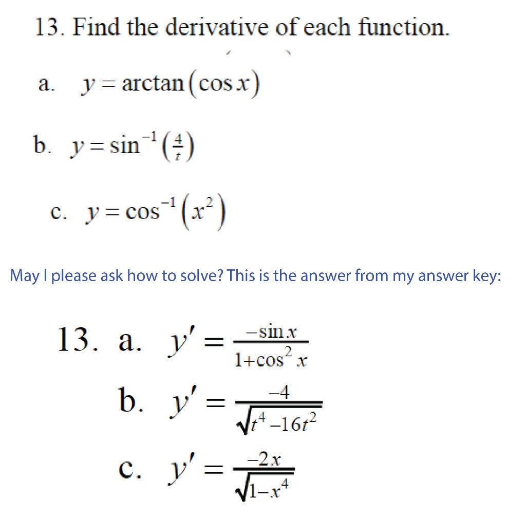 Solved 13. Find the derivative of each function. a. | Chegg.com