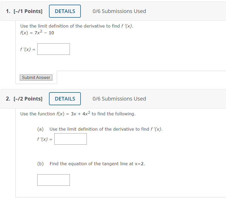 Solved 11 Points] 0/6 Submissions Used Use the limit | Chegg.com