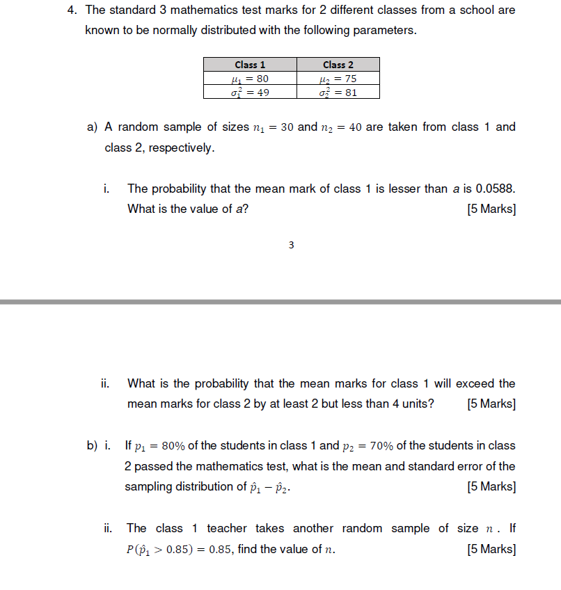 Solved 4. The standard 3 mathematics test marks for 2 | Chegg.com