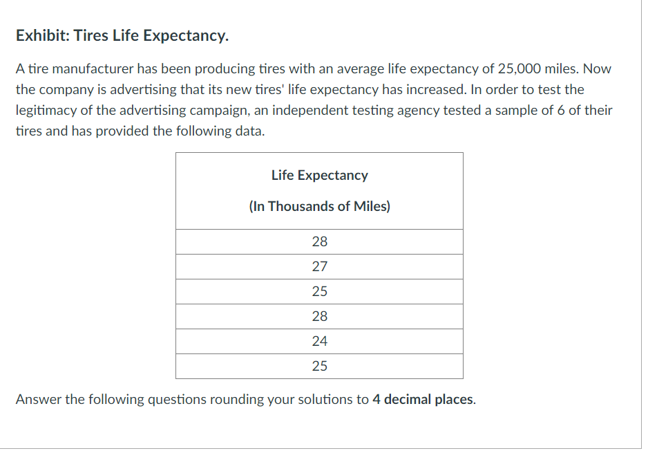 Refer to the Exhibit Tires Life Expectancy. Compute | Chegg.com