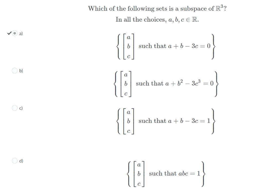 Solved Which of the following sets is a subspace of R3? In | Chegg.com