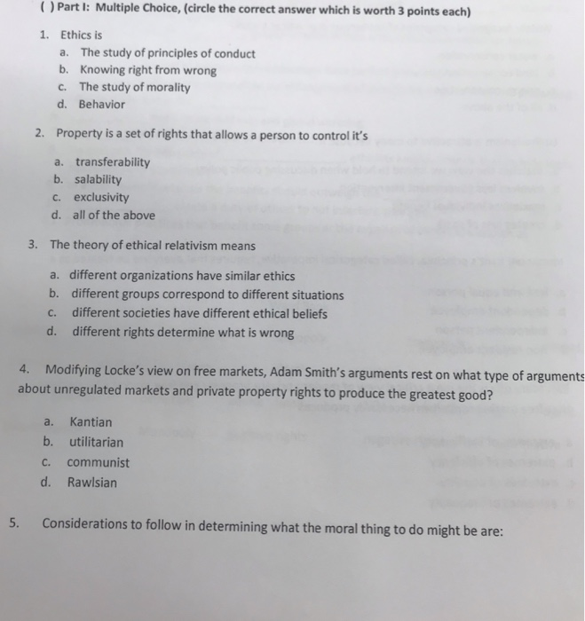 Solved () Part I: Multiple Choice,(circle the correct answer | Chegg.com