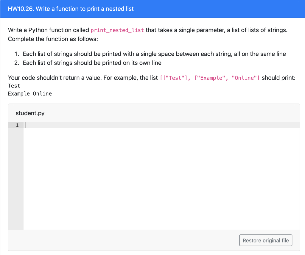 Solved: Write A Python Function Called Print_nested_list T... | Chegg.com