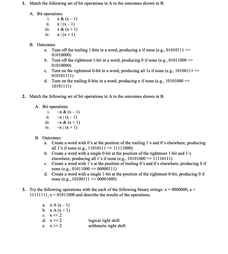 Solved 1. Match the following set of bit operations in A to | Chegg.com