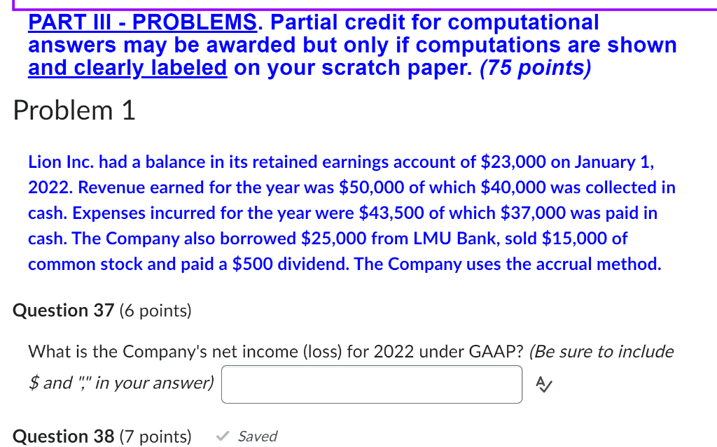Solved PART III - PROBLEMS. Partial credit for computational | Chegg.com