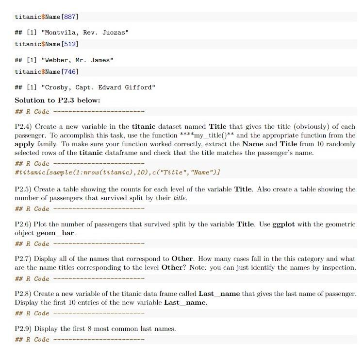 Problems P2.1-P2.9 P2.1) Load the Titanic data set. # | Chegg.com
