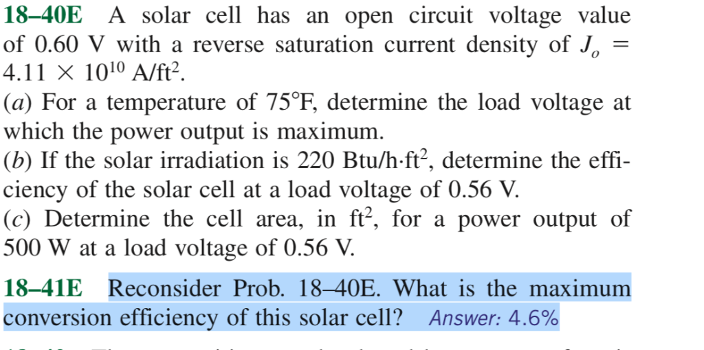 Solved 18-40E A solar cell has an open circuit voltage value | Chegg.com