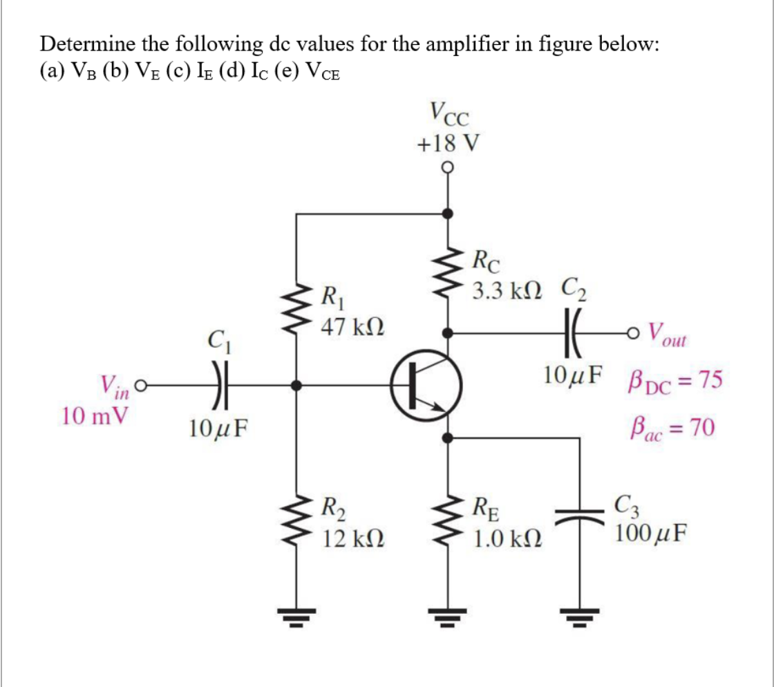 Solved Determine the following dc values for the amplifier | Chegg.com