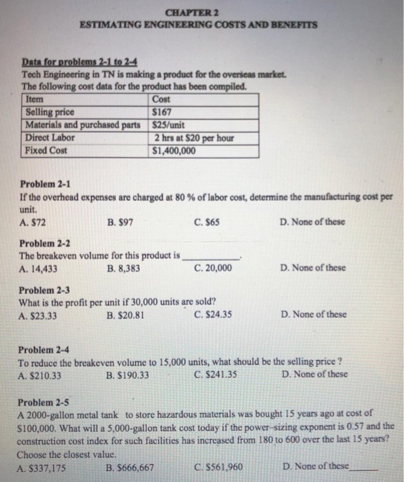 Solved CHAPTER 2 ESTIMATING ENGINEERING COSTS AND BENEFITS | Chegg.com