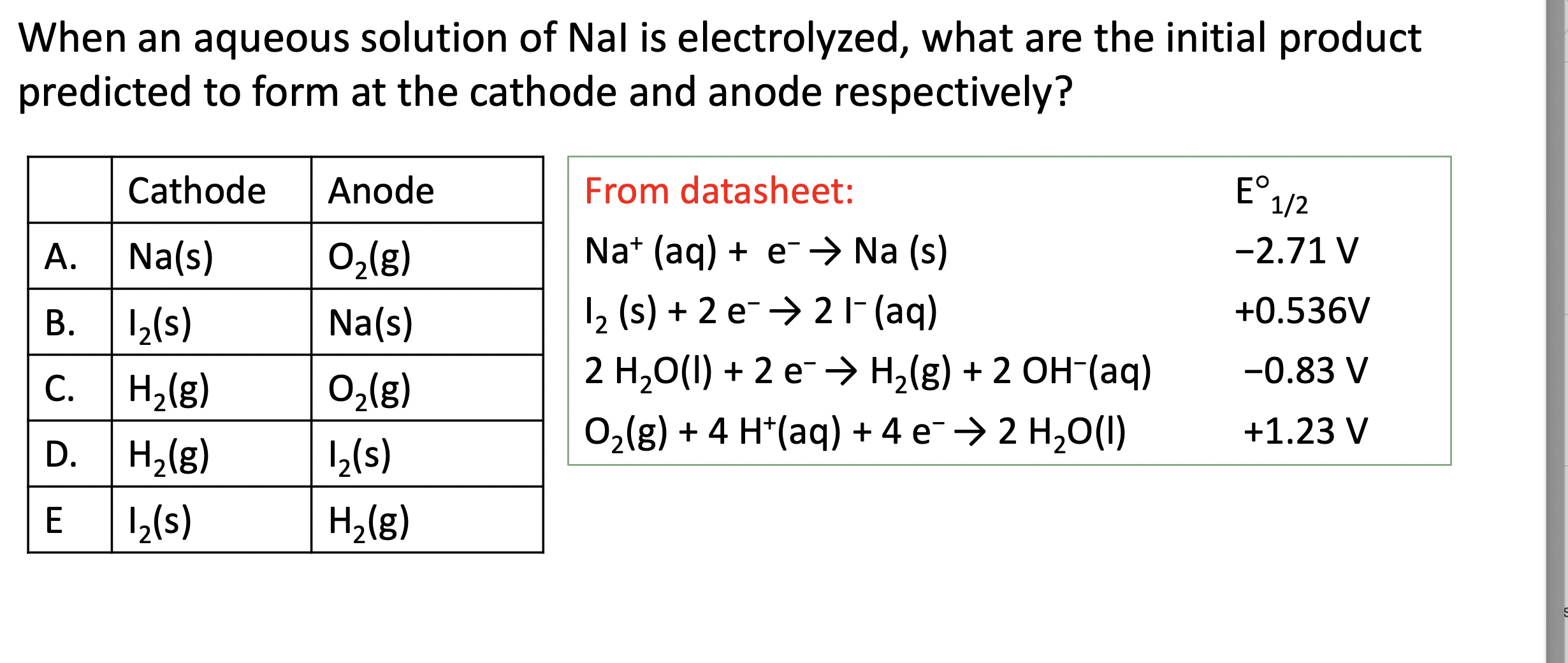 Solved When an aqueous solution of Nal is electrolyzed, what | Chegg.com