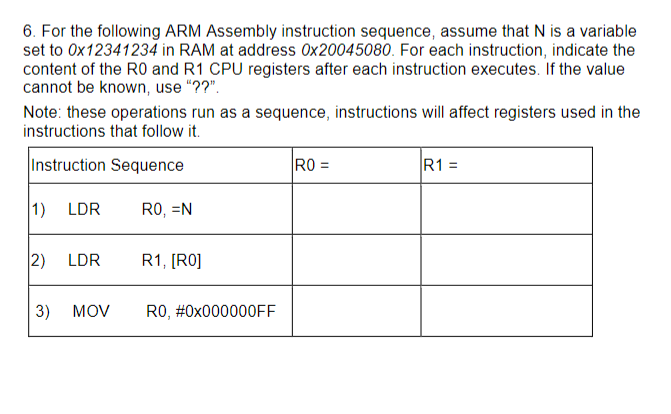 Solved 6. For the following ARM Assembly instruction | Chegg.com