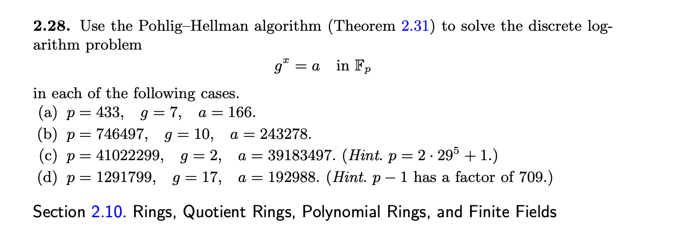 Solved 228 Use The Pohlig Hellman Algorithm Theorem 231 