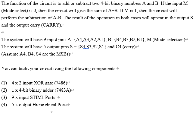 Solved The function of the circuit is to add or subtract two | Chegg.com