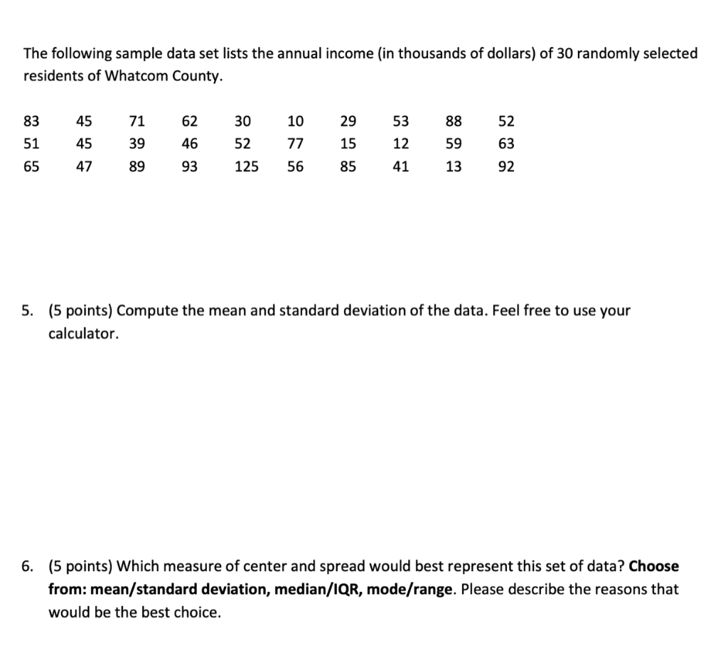 Solved The following sample data set lists the annual income | Chegg.com
