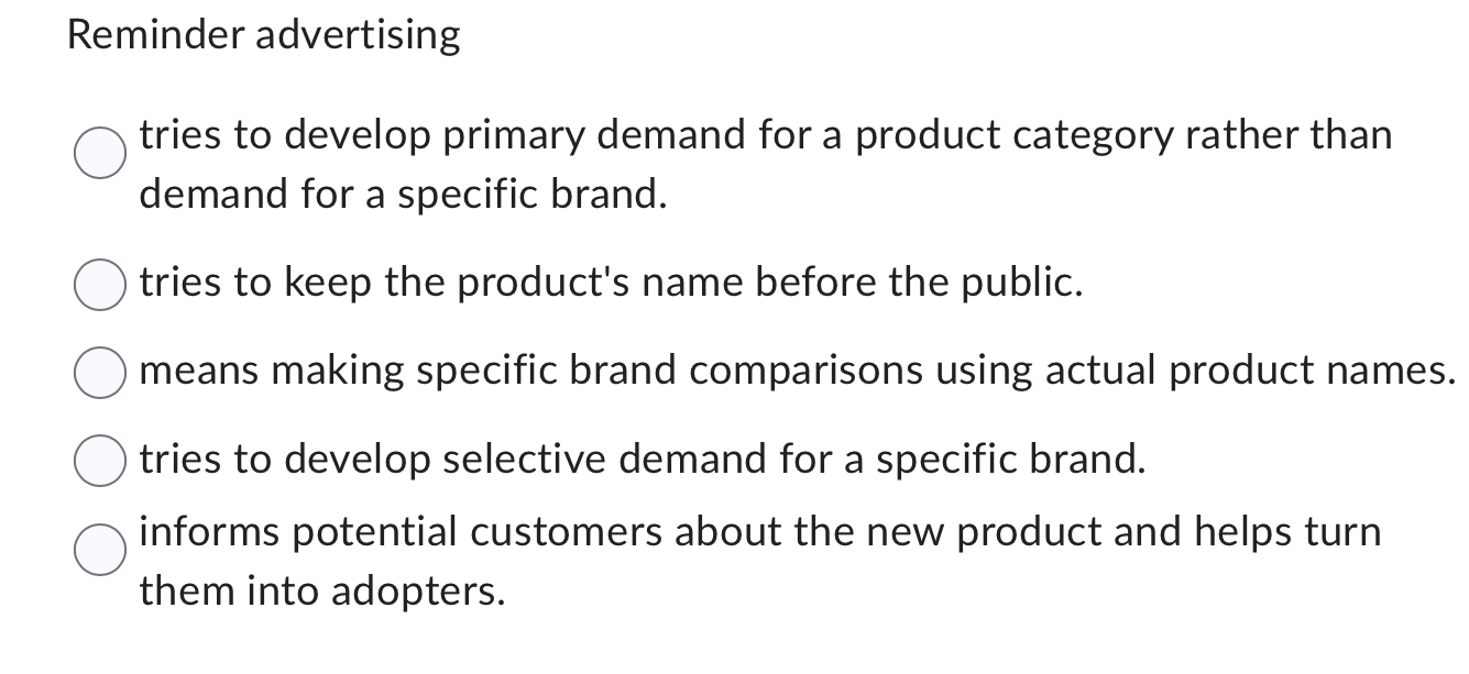 Solved Reminder advertisingtries to develop primary demand | Chegg.com