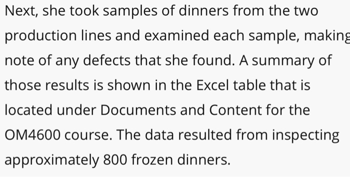 Solved Next, she took samples of dinners from the two | Chegg.com