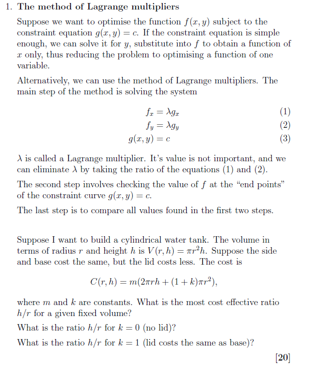 Solved 1. The method of Lagrange multipliers Suppose we want | Chegg.com