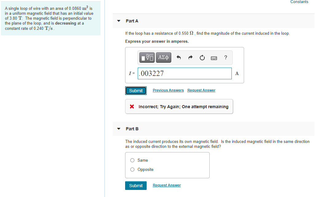 Solved Constants A single loop of wire with an area of | Chegg.com