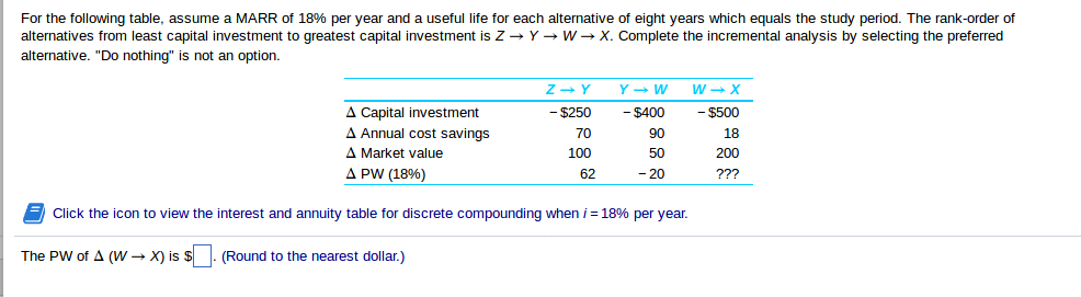 Solved For the following table, assume a MARR of 18% per | Chegg.com