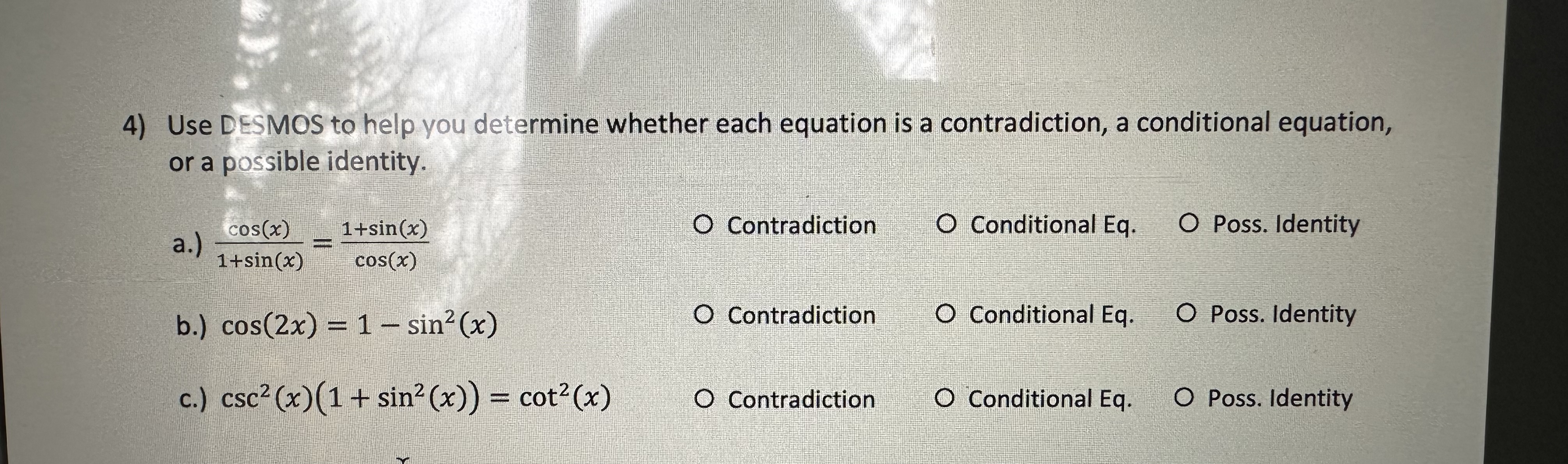 Solved Use DESMOS to help you determine whether each | Chegg.com