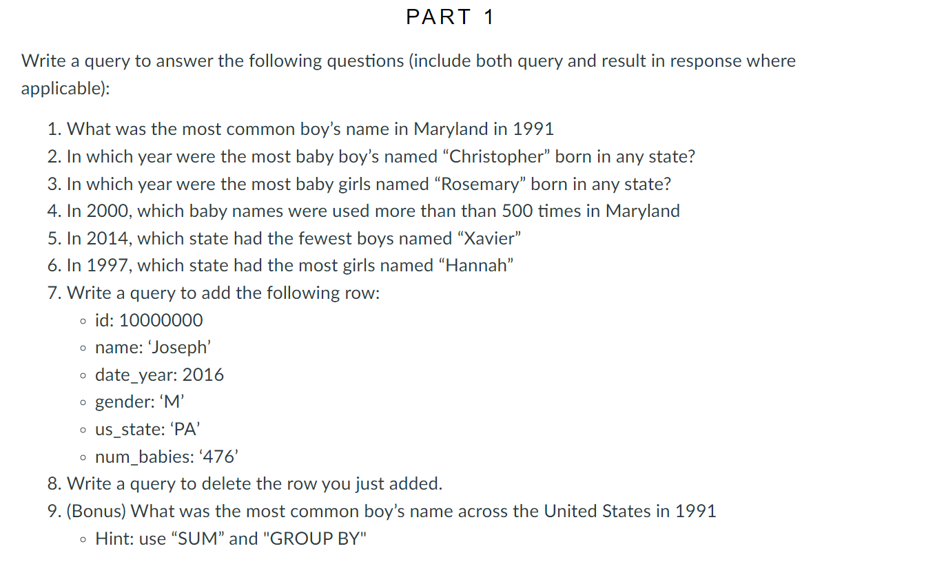 Write a query to answer the following questions | Chegg.com