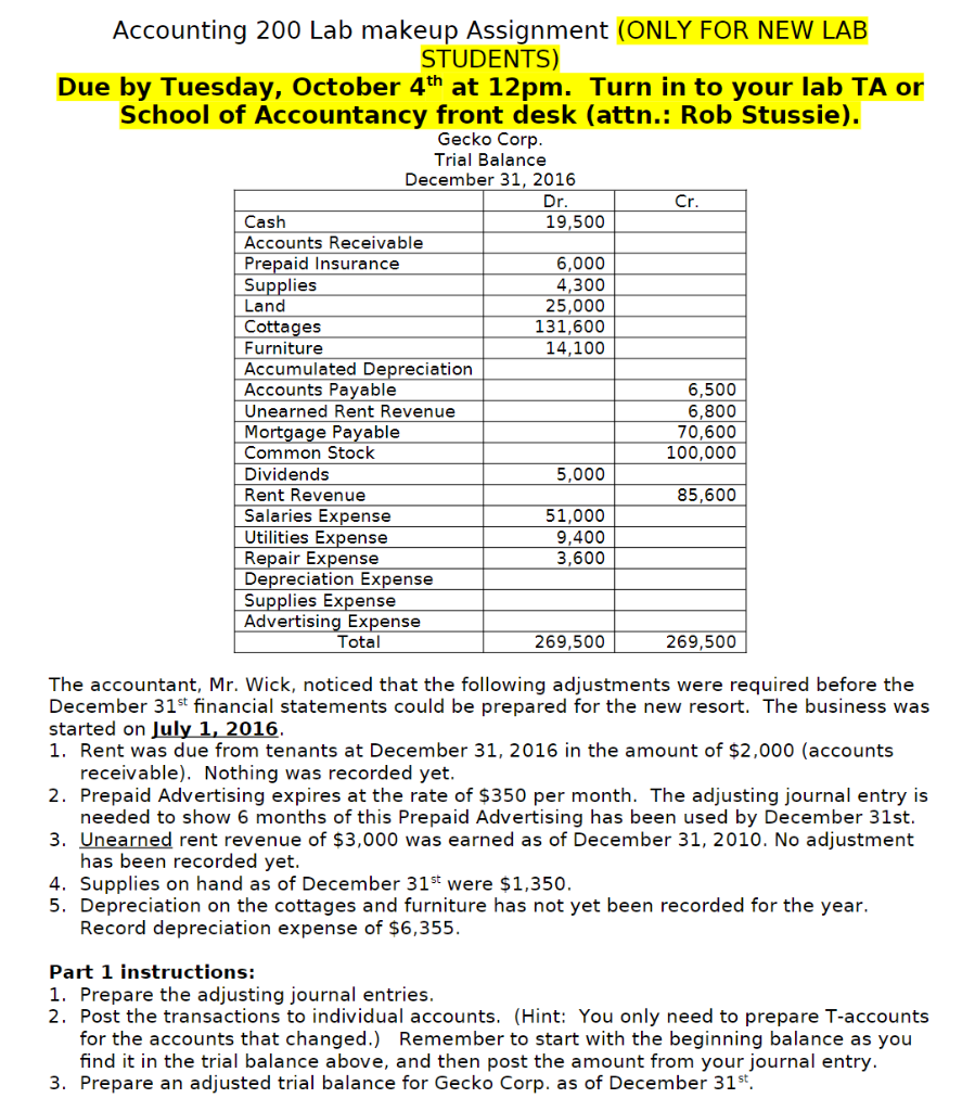 Solved Accounting 200 Lab makeup Assignment (ONLY FOR NEW | Chegg.com