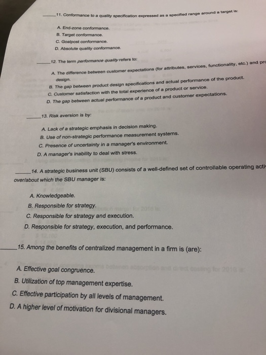 Solved 11. Conformance to a quality specification expressed | Chegg.com