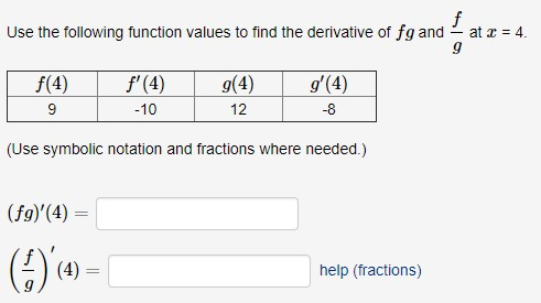 Solved Use the following function values to find the | Chegg.com