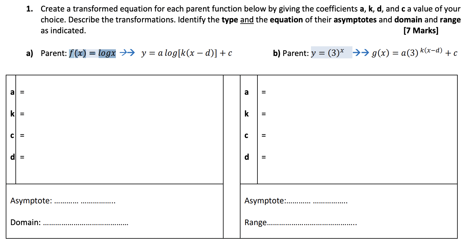 Solved 1. Create a transformed equation for each parent | Chegg.com